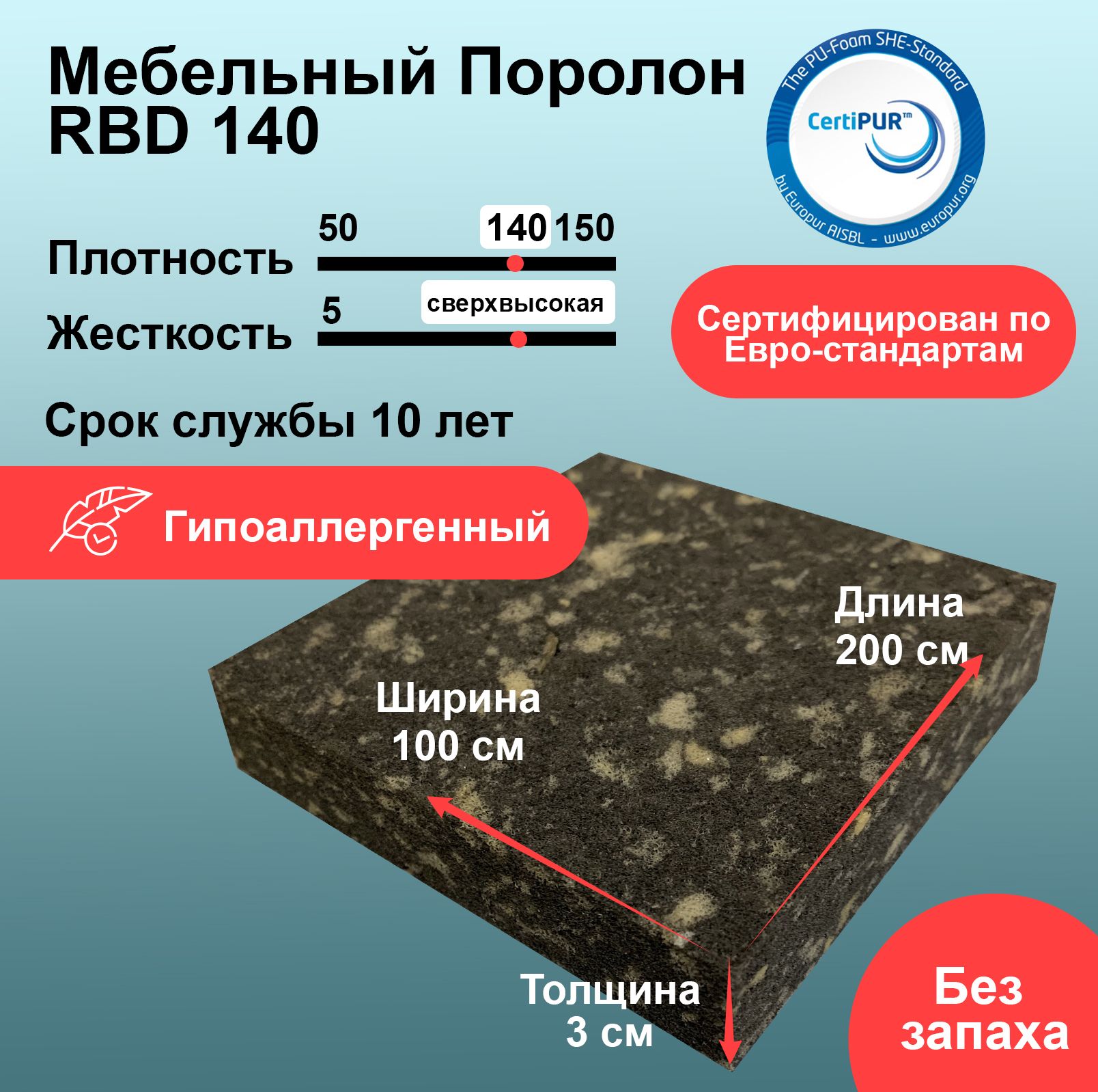 Вторичный Мебельный поролон ФомЛайн RBD 140 лист 30x1000x2000мм