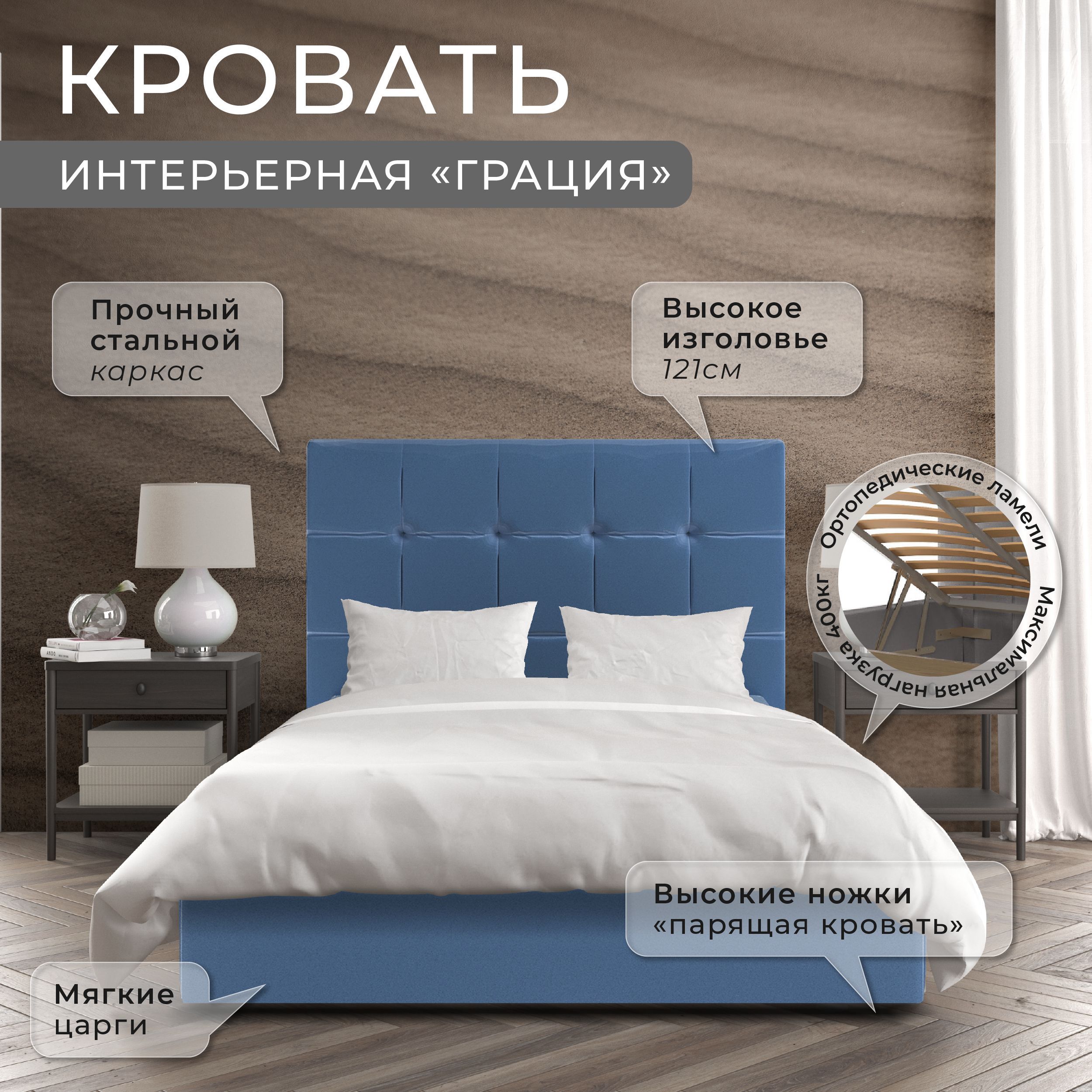 Односпальная кровать ФОКУС Грация 133х214х121 см светло-синий текстурный велюр/30013