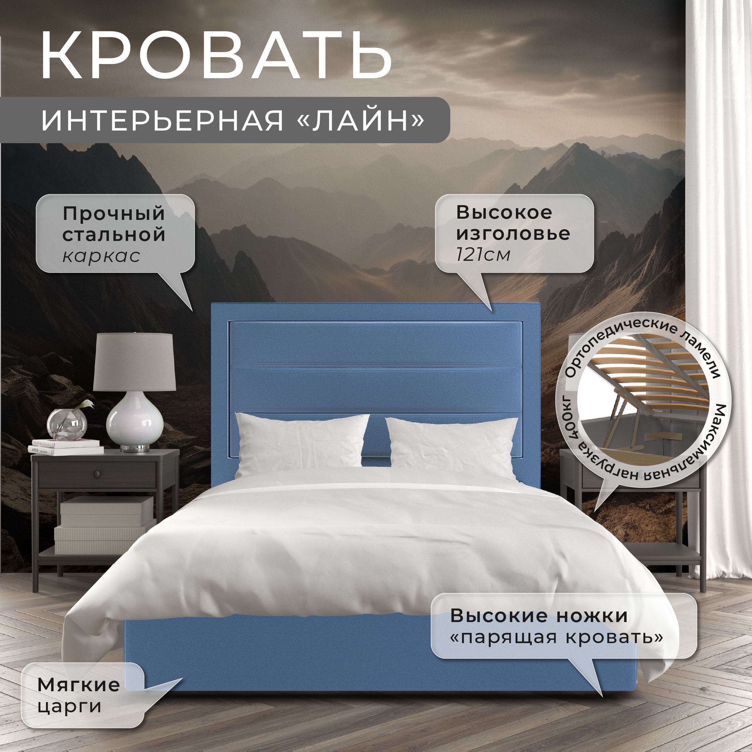 Двуспальная кровать ФОКУС Лайн 193х214х121 см светло-синий текстурный велюр /32145