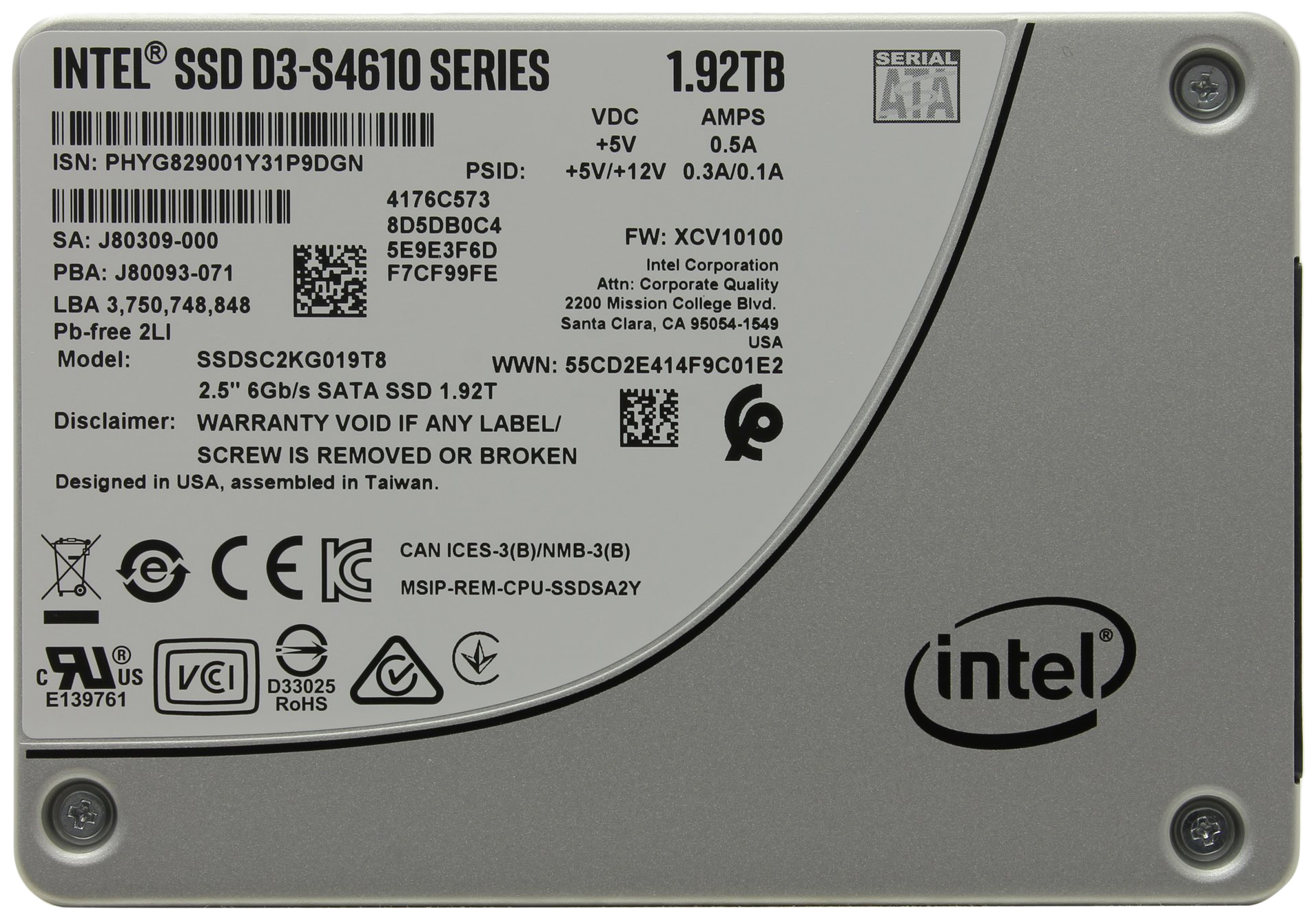 SSD накопитель Intel D3-S4610 2.5" 1,92 ТБ (SSDSC2KG019T801)
