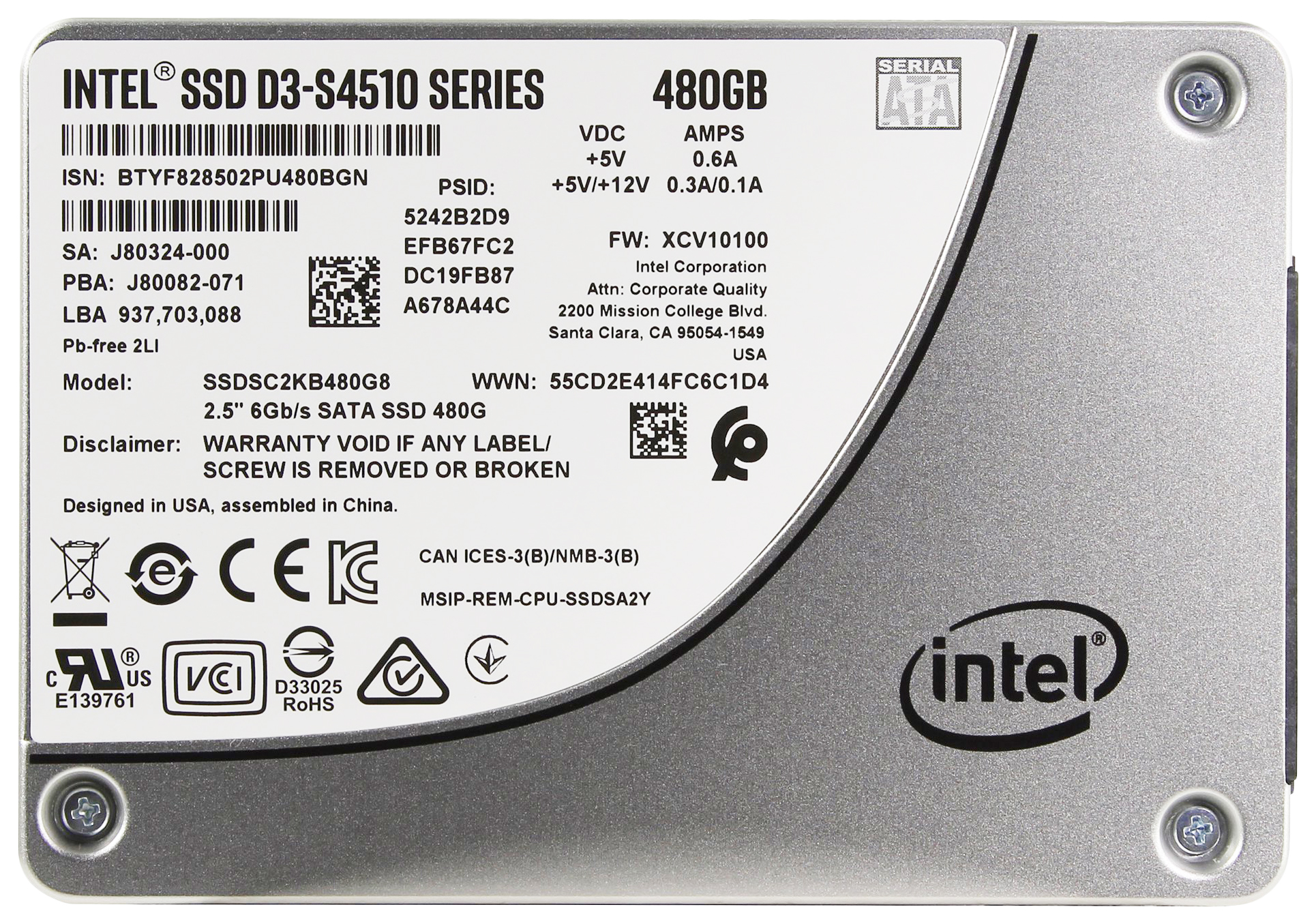 SSD накопитель Intel D3-S4510 2.5" 480 ГБ (SSDSC2KB480G801)