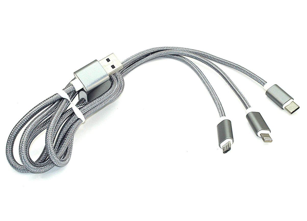 Кабель для зарядки 3-в-1 USB - Apple Lightning 8Pin/USB Type-C/Micro USB OEM, 1 м, серый
