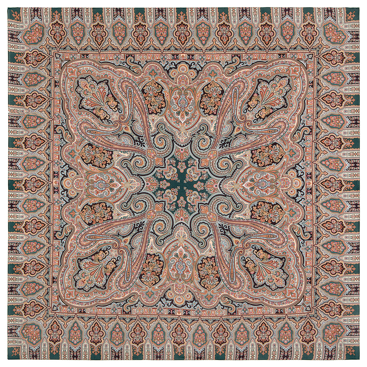 Платок женский Павловопосадский платок 1856 коричневый/зеленый, 135х135 см