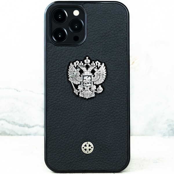 Чехол iPhone 14 Pro Max - Euphoria Premium Leather Black - Герб РФ - Euphoria HM Premium