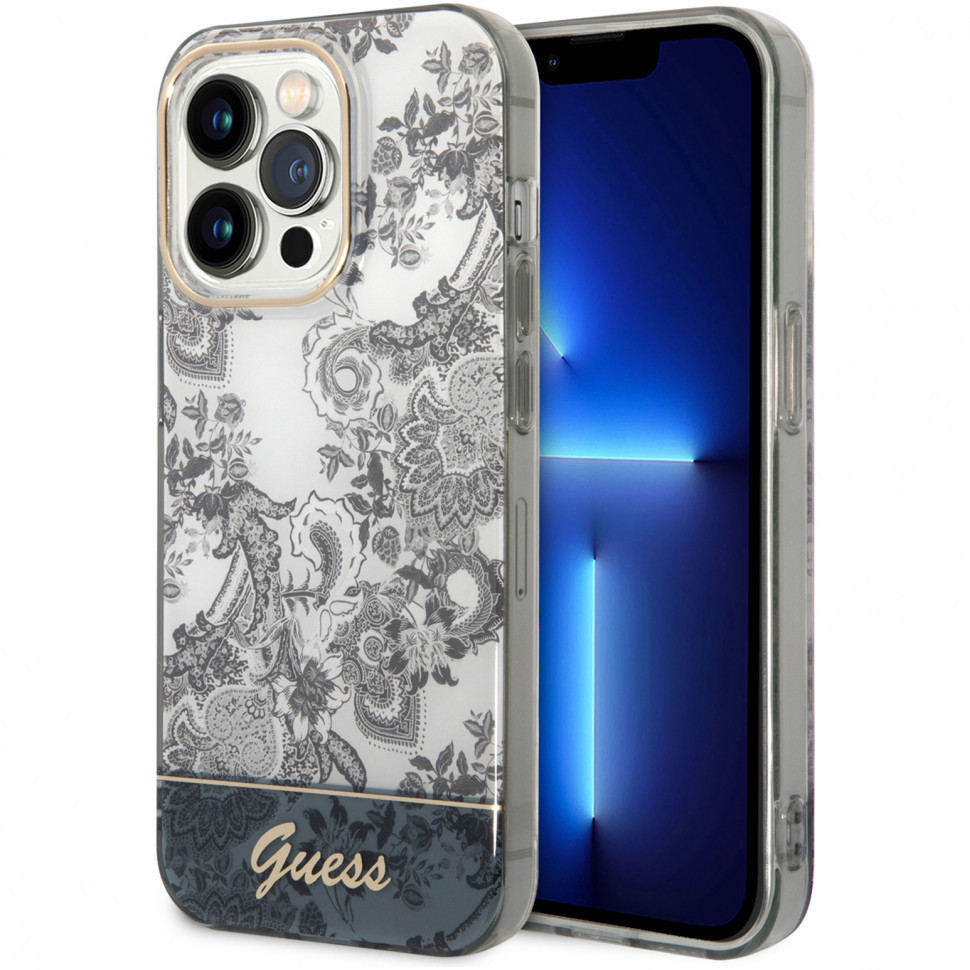 Чехол Guess pc/tpu toile de jouy w electroplated camera hard для iphone 14 pro, серый