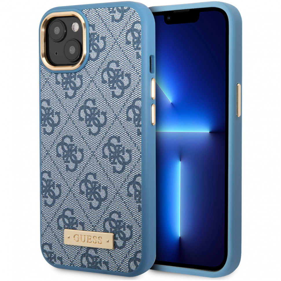 Чехол cg mobile guess pu 4g plate metal logo hard magsafe для iphone 13, синий
