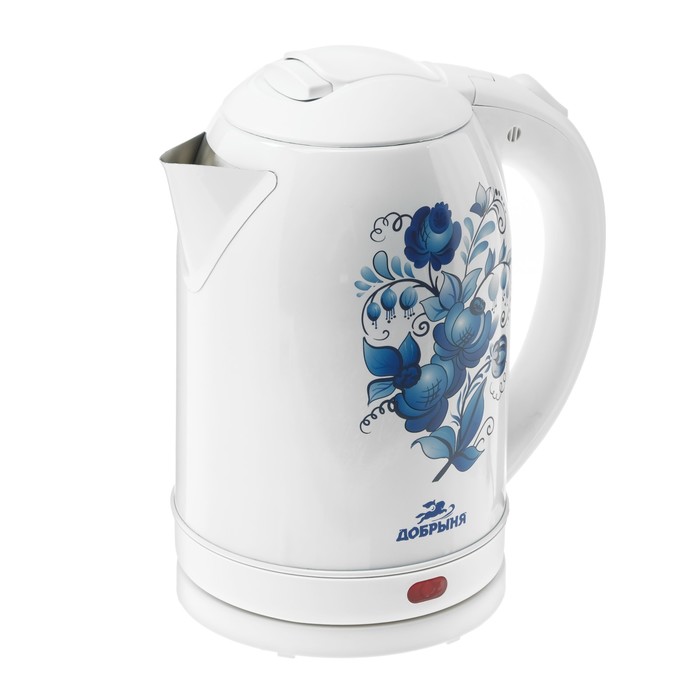 Чайник электрический Добрыня DO-1214, металл, 2 л, 2000 Вт, белый с синими цветами