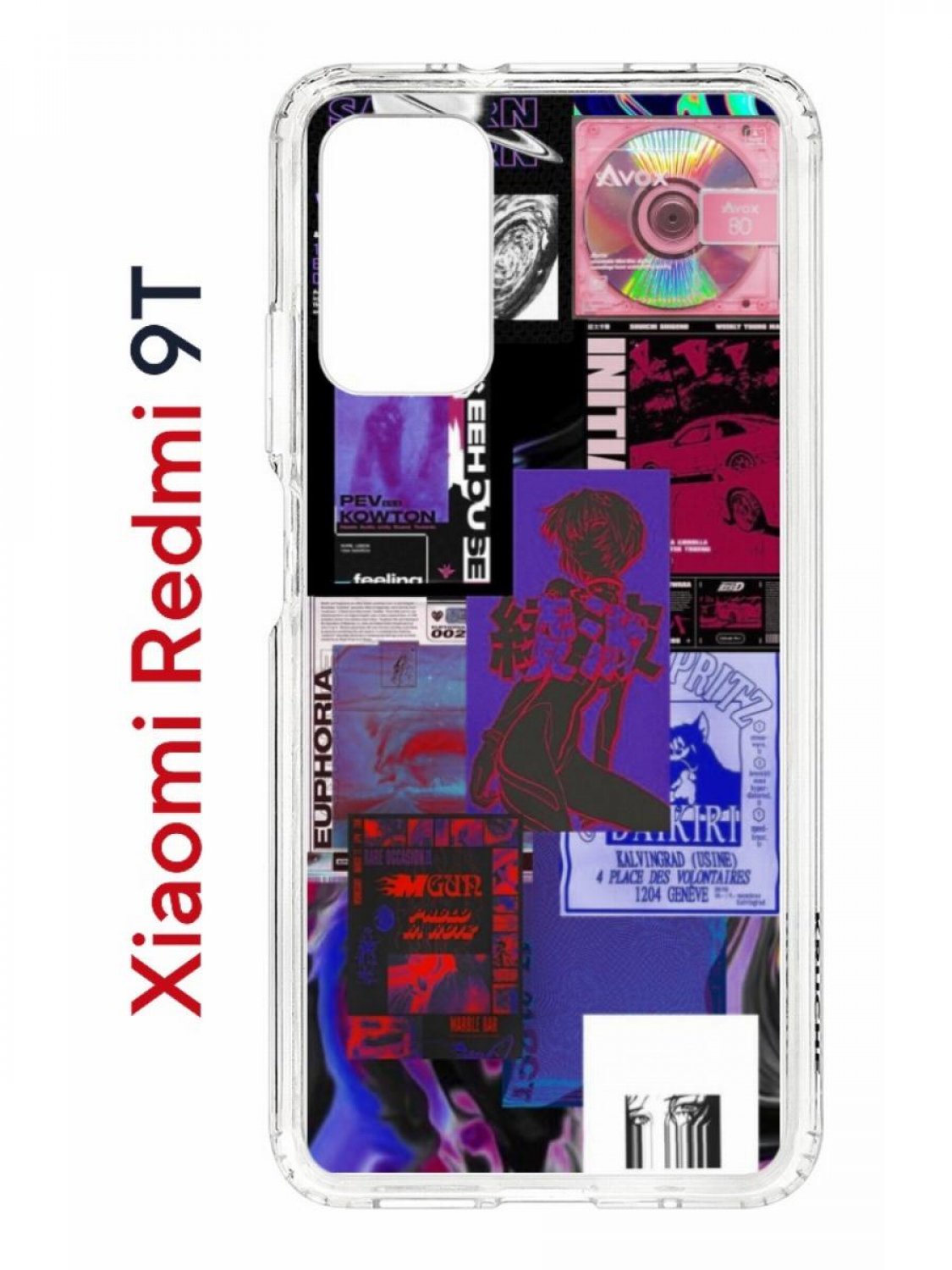 Чехол на Redmi 9T Kruche Print Стикеры Киберпанк,противоударный бампер,с защитой камеры