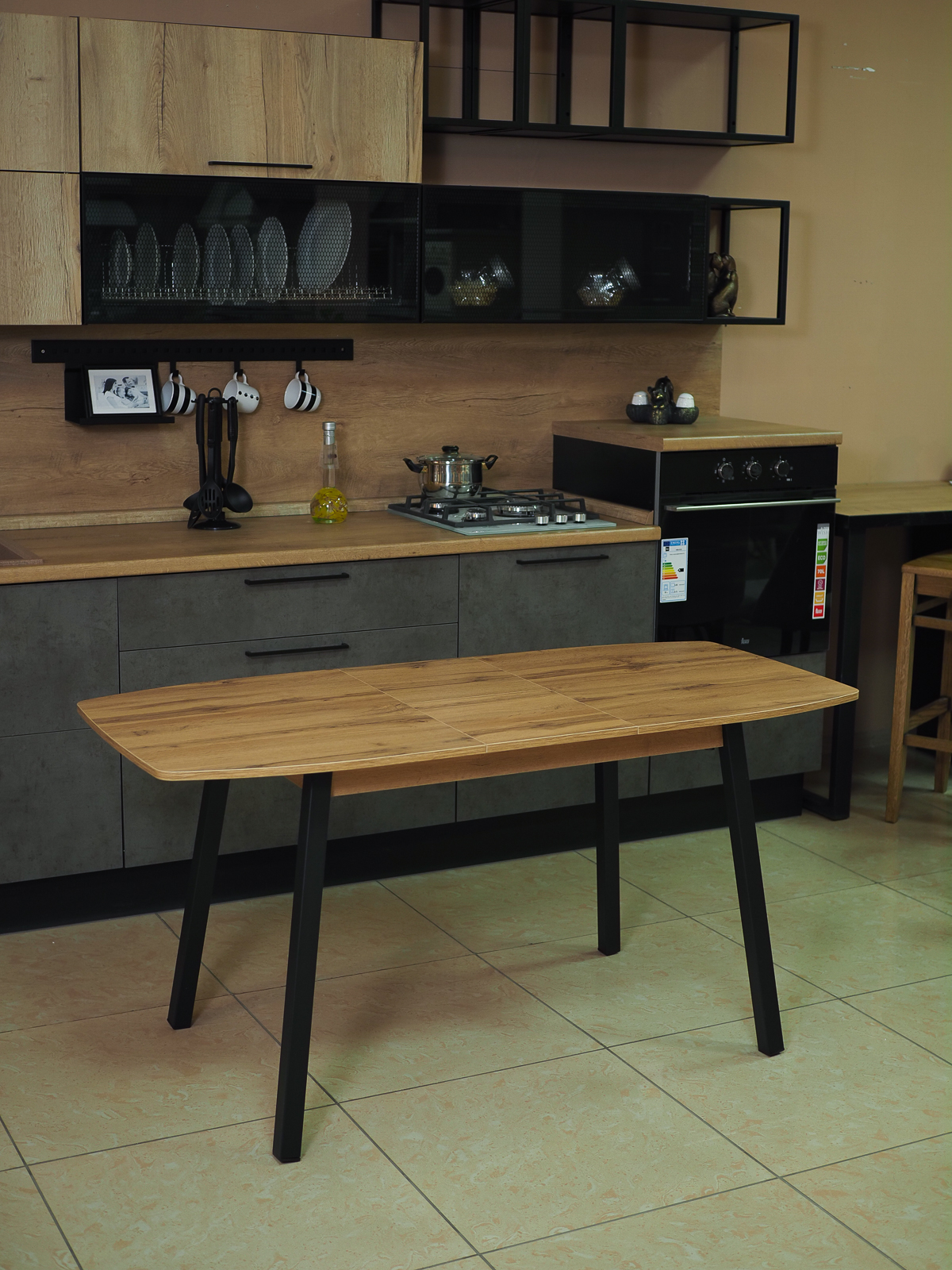 Стол Лион кухонный раздвижной в стиле лофт Frenesie, ЛДСП дуб вотан, 120/152x70x75 см.