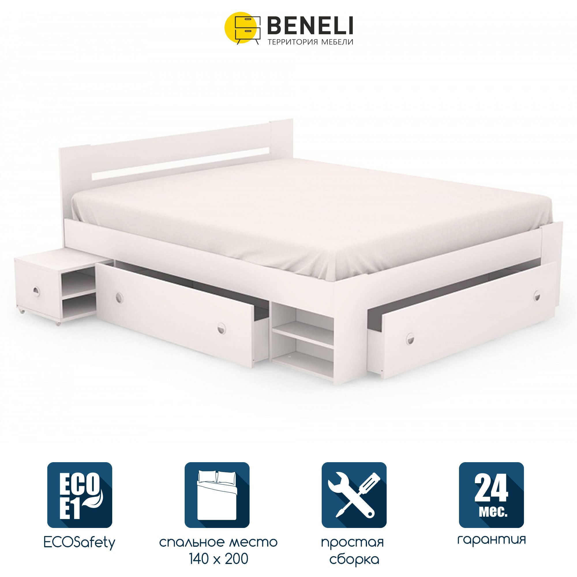 Двуспальная кровать Beneli Стелла, Белый, 140х200 см