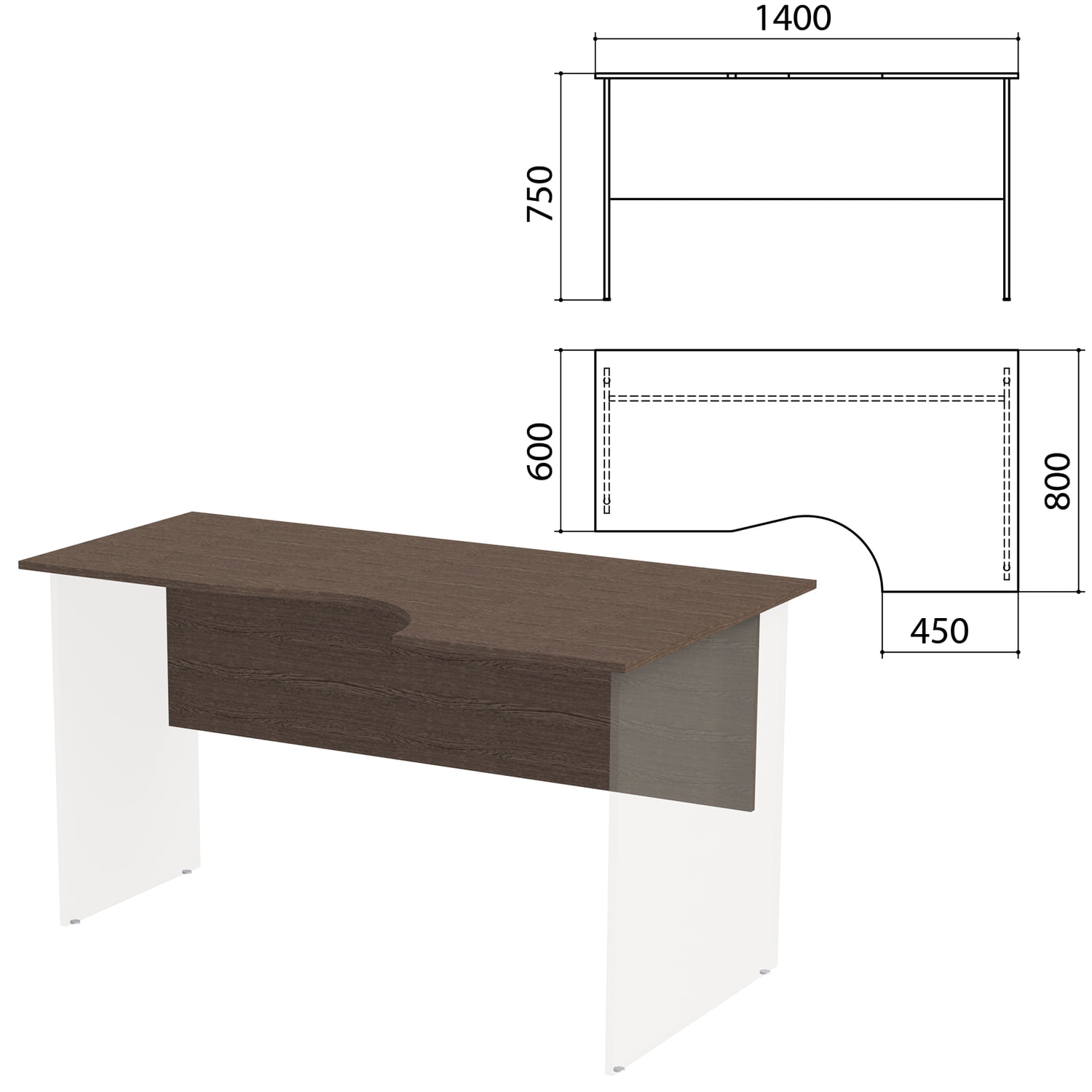 Столешница, царга стола эргономичного Канц 1400х800х750 мм, правый, цвет венге, СК30.16.