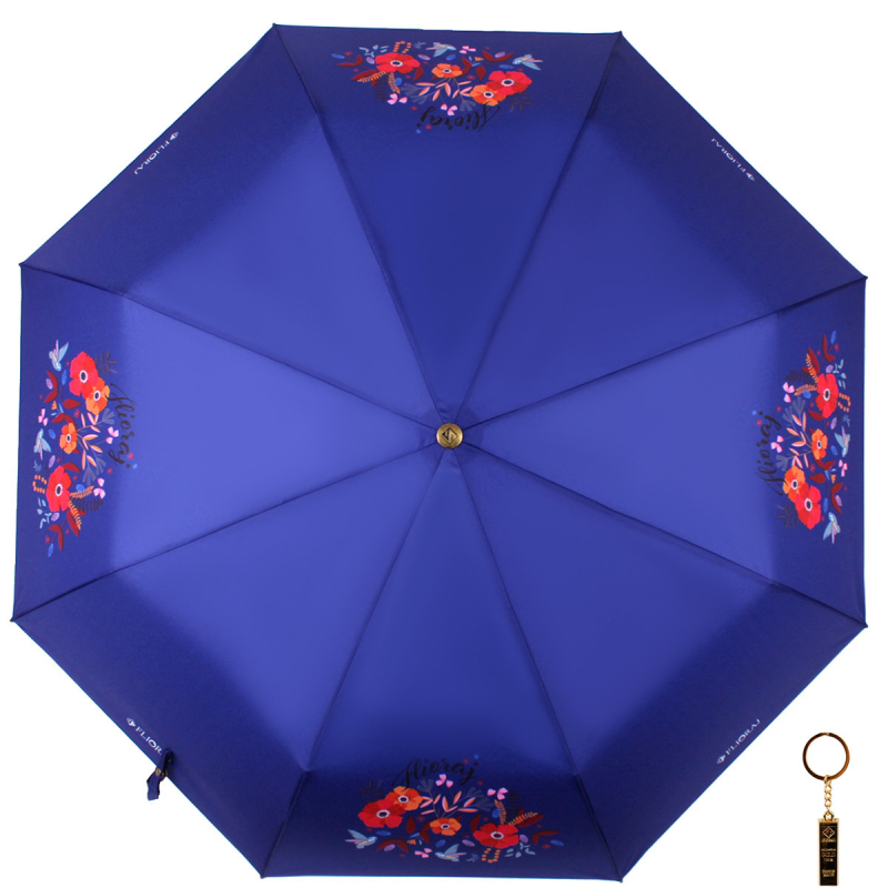 Комплект брелок+зонт складной женский автоматический Flioraj 16093 FJ синий