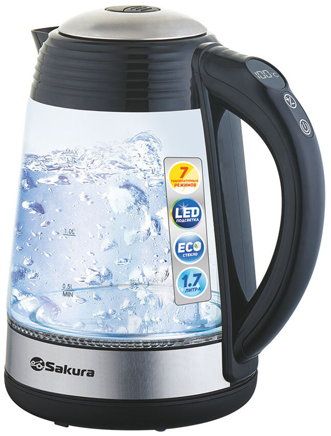 Чайник электрический SAKURA SA-2729DBK 1.7 л прозрачный, черный, серебристый