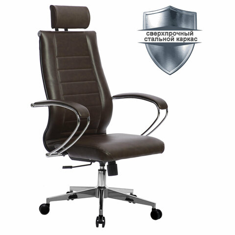 Кресло офисное МЕТТА "К-32" хром, рецик. кожа, сиденье и спинка мягкие, темно-коричневое