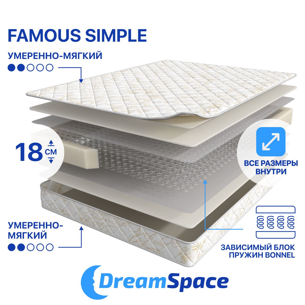 Матрас DreamSpace Famous Simple, Зависимые пружины, 120х200 см