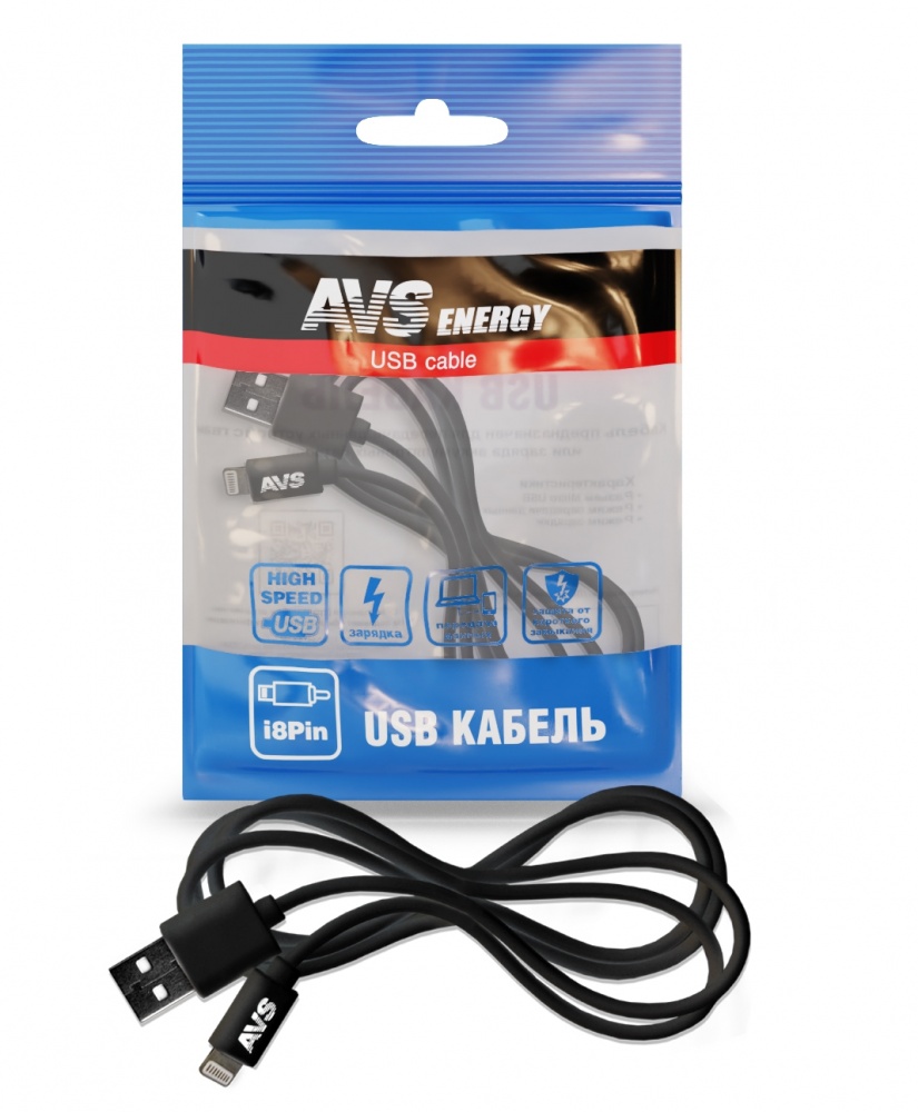 Кабель AVS IP-511 USB - Lightning 8 pin iphone5/6/7/8, 1 м, черный