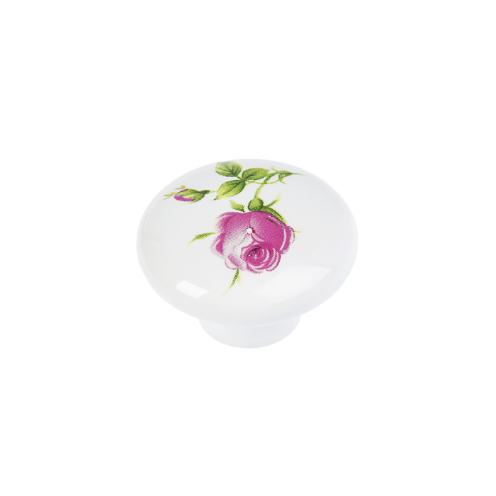 Ручка кнопка FLOWER Ceramics 004, керамическая, белая с рисунком