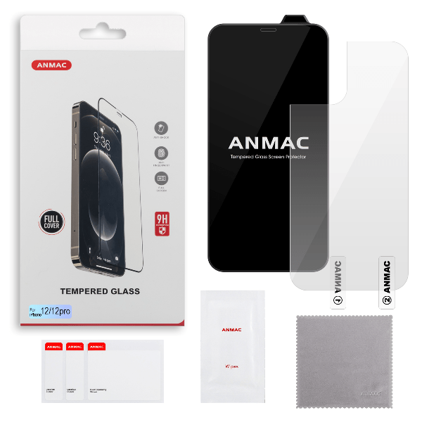 Защитное стекло ANMAC для iPhone 12/12 Pro + пленка назад Full Cover черный