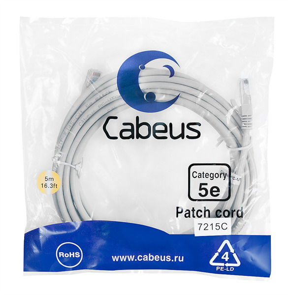 Патч-корд Cabeus RJ45-RJ45 5м PC-UTP-RJ45-Cat.5e-5m