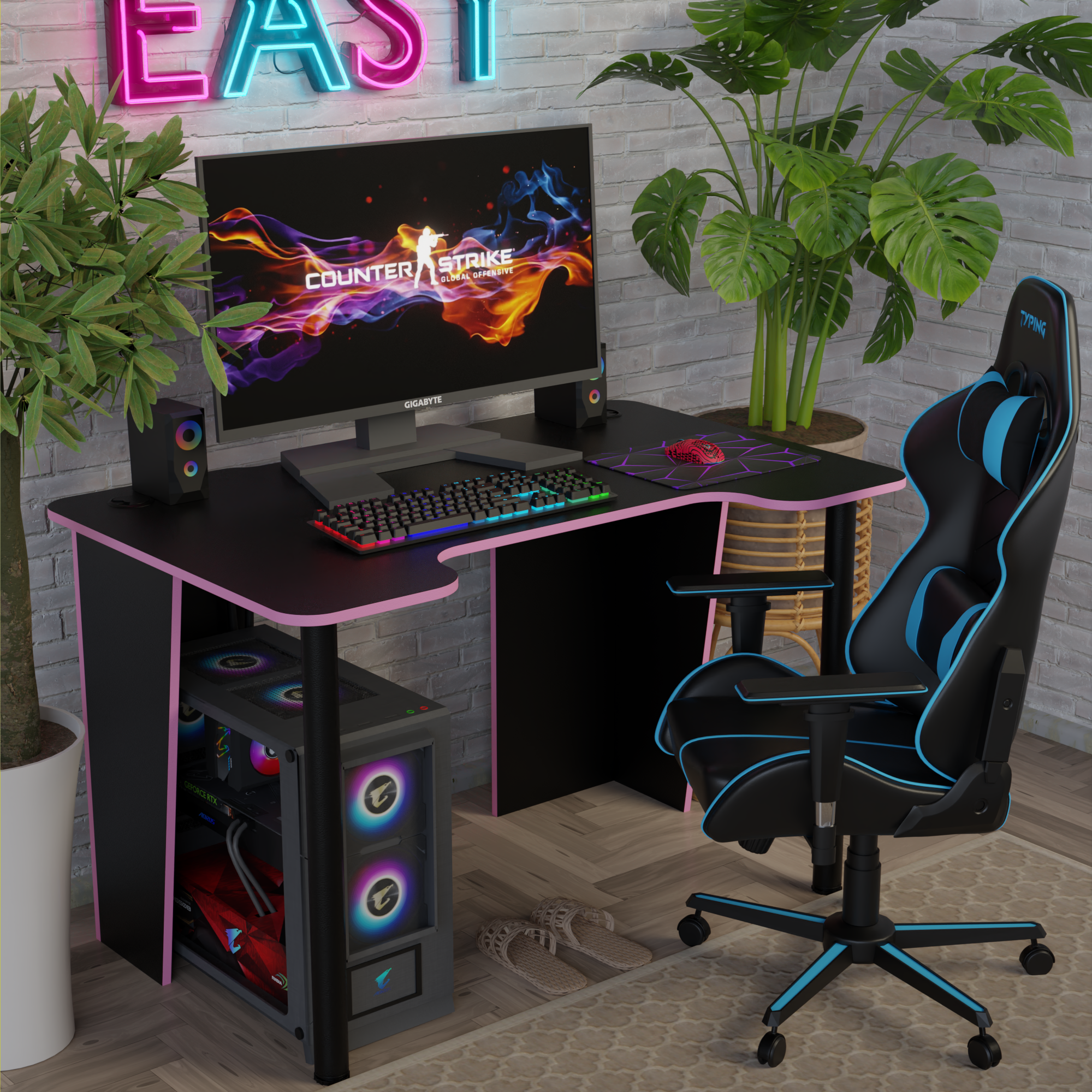 Стол компьютерный геймерский черный, с розовой кромкой, черные ножки