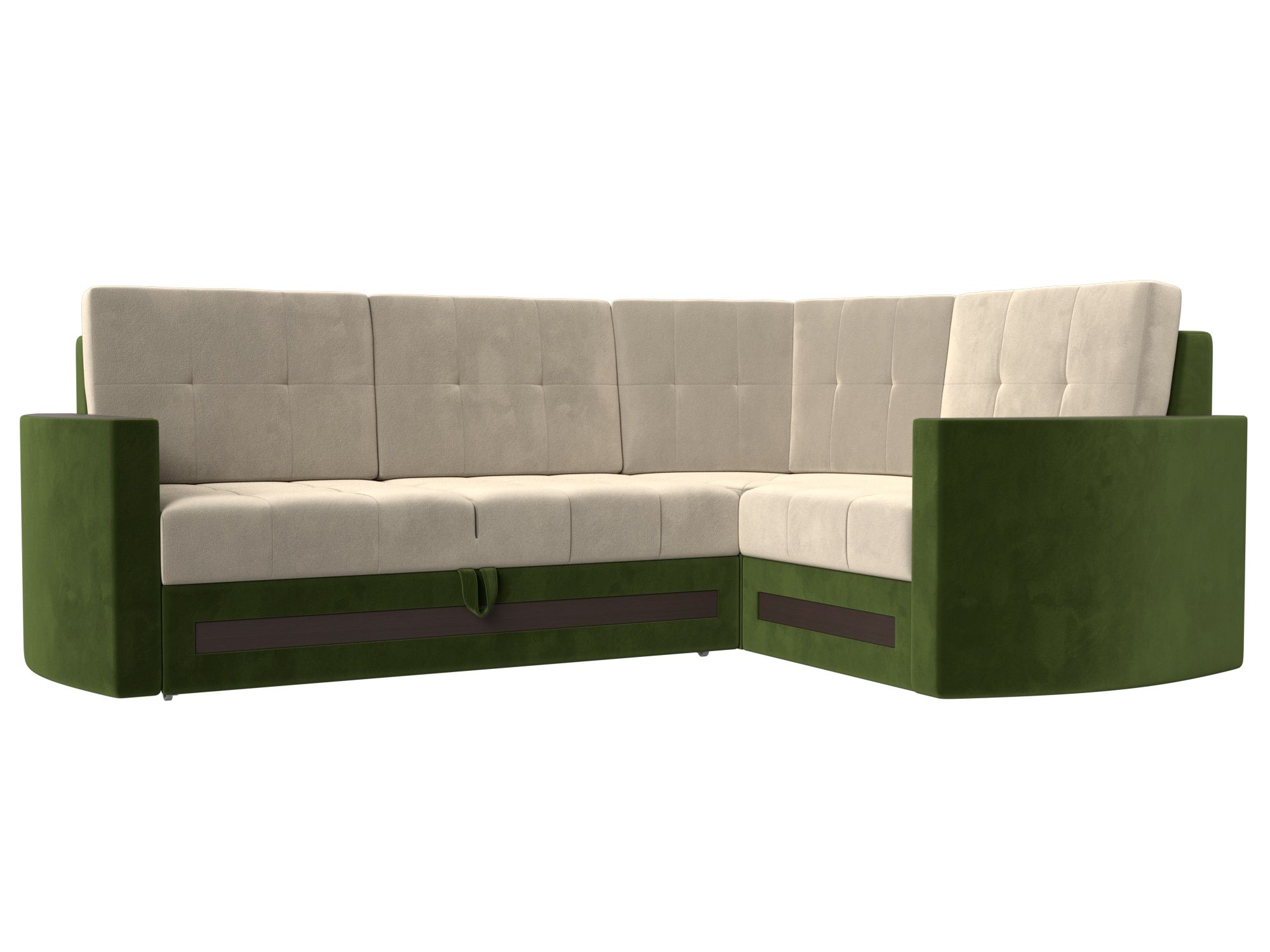 Угловой диван Белла правый микровельвет бежевый/зеленый