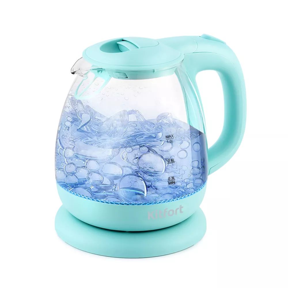 Чайник электрический KITFORT КТ-653-1 1 л голубой, прозрачный