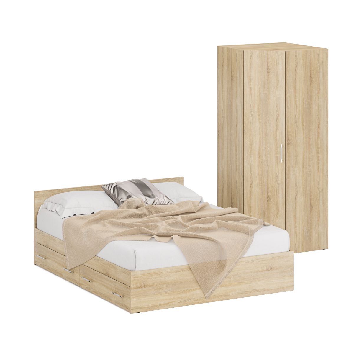 Двуспальная кровать с ящиками с угловым шкафом СВК Стандарт 1600Я+ШУ дуб сонома