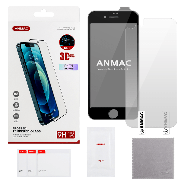 Защитное стекло ANMAC для iPhone 7/8 черное + пленка назад 3D матовое с сеточкой
