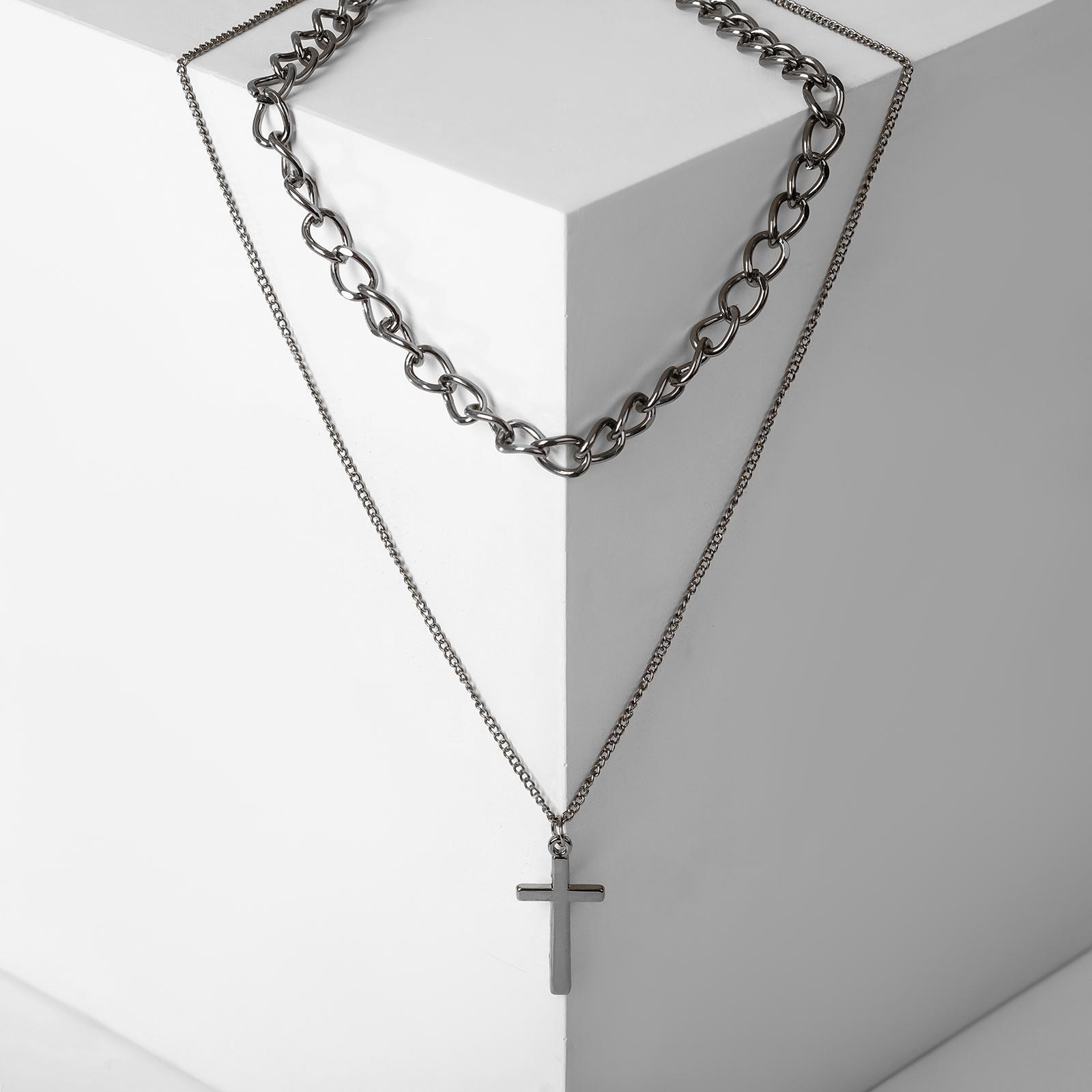 Кулон "Цепь" крестик с двумя нитями, цвет серый, 45см