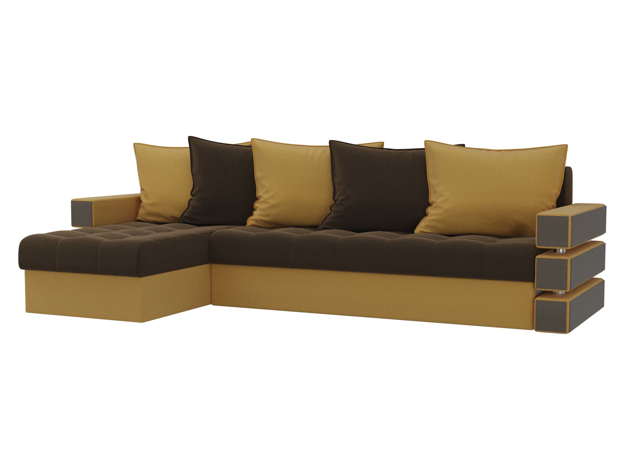Угловой диван Венеция левый микровельвет коричневый/желтый