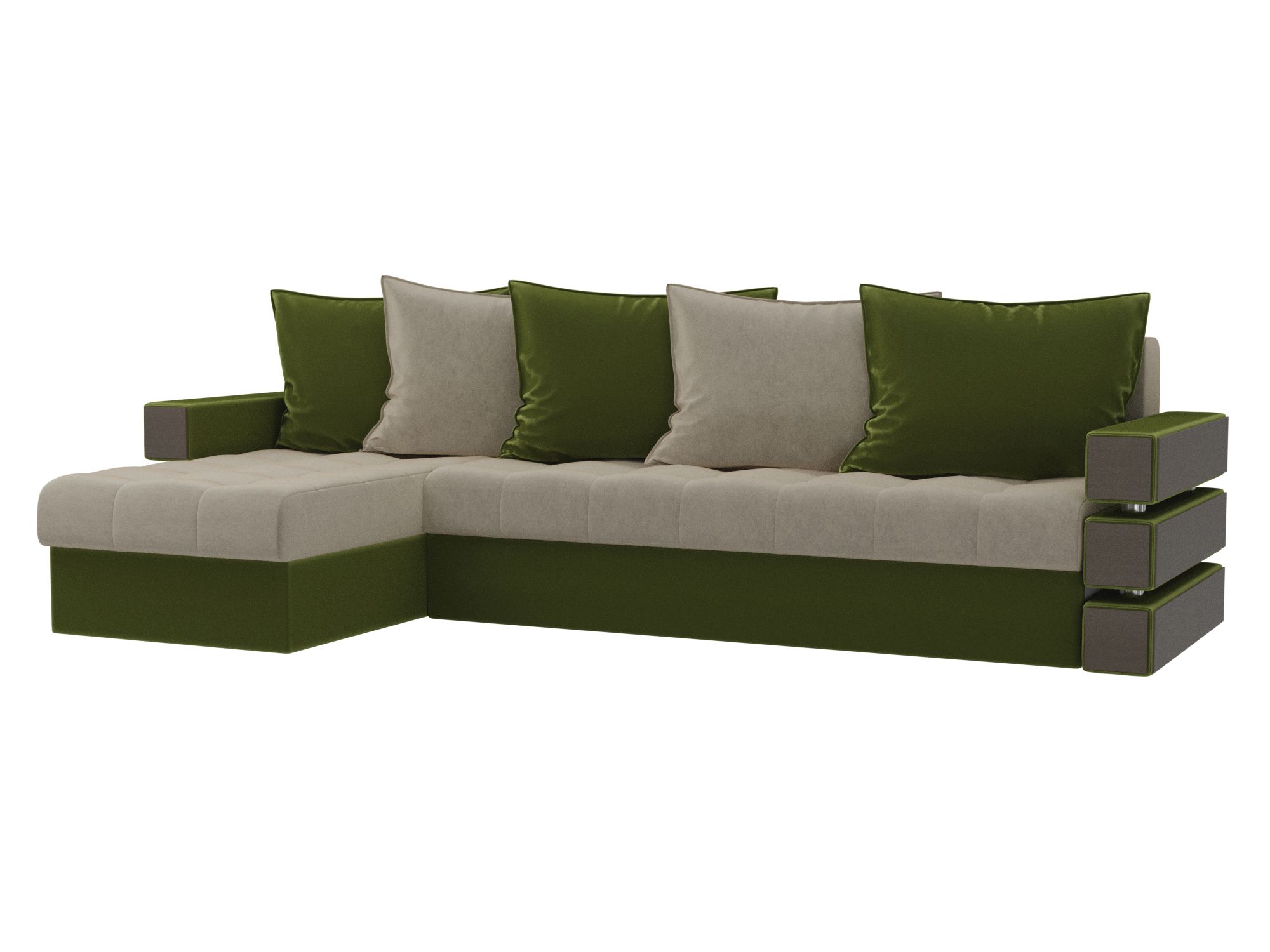 Угловой диван Венеция левый микровельвет бежевый/зеленый