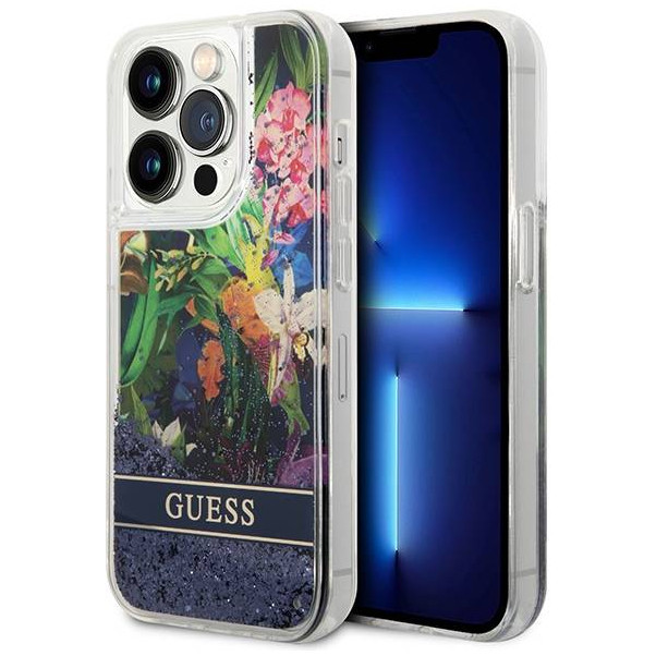 Чехол Guess Liquid Glitter Hard Flower Pattern для iPhone 14 Pro, Синий
